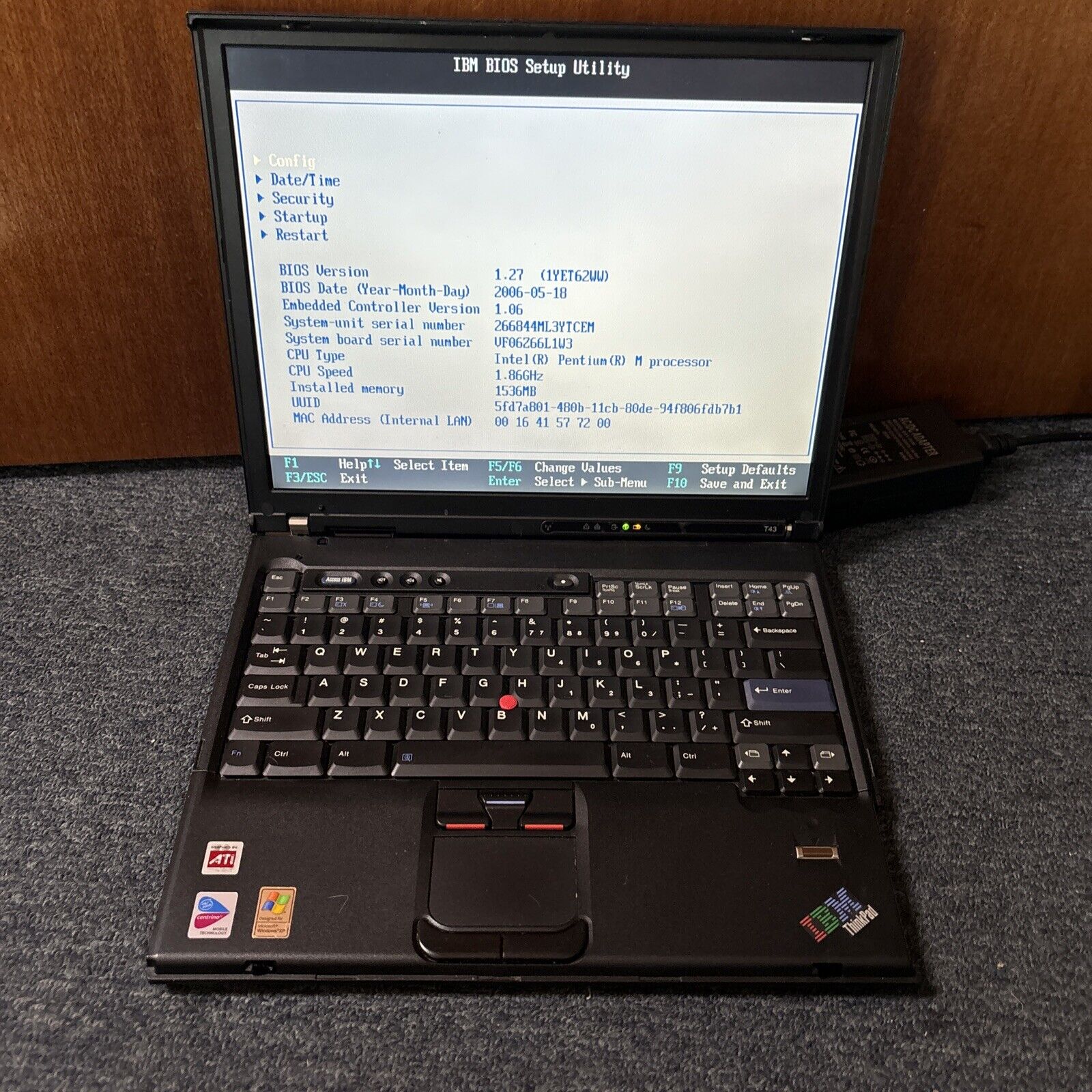 IBM ThinkPad T43 1.5gb RAM DVD Drive *No HDD & Requires New BIOS Batte – Retro Unit