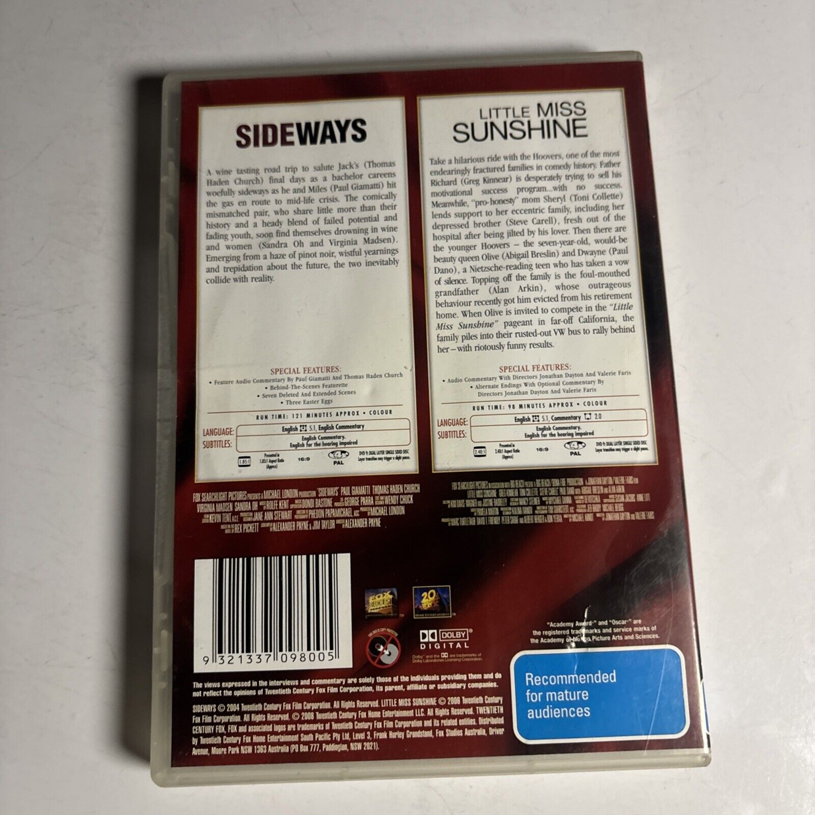 Sideways / Little Miss Sunshine (DVD, 2-Disc) Steve Carell Region 4 ...