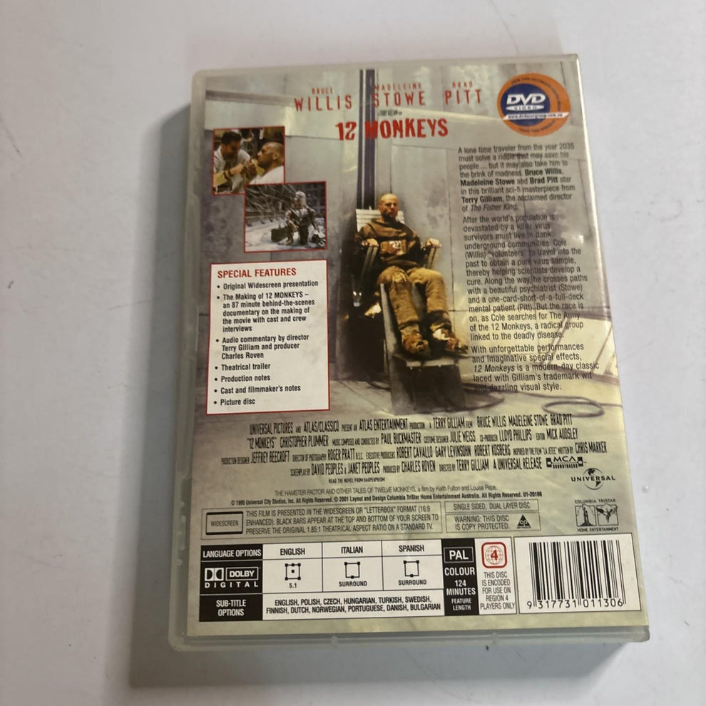 12 Monkeys (DVD, 1995) Brad Pitt, Bruce Willis Region 4 – Retro Unit