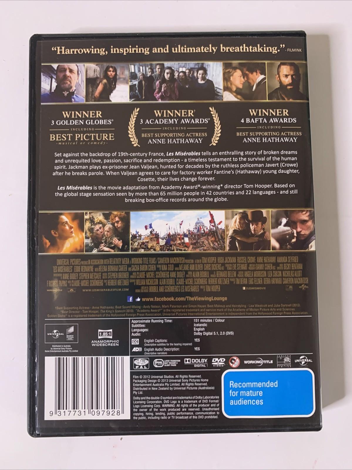 Les Miserables (DVD, 2012) Russell Crowe, Anne Hathaway, Hugh Jackman ...