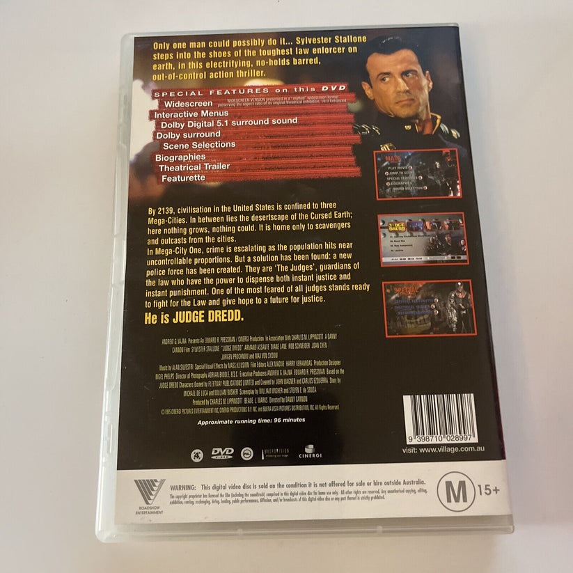 Judge Dredd (DVD, 1995) Rob Schneider, Sylvester Stallone Region 4 ...