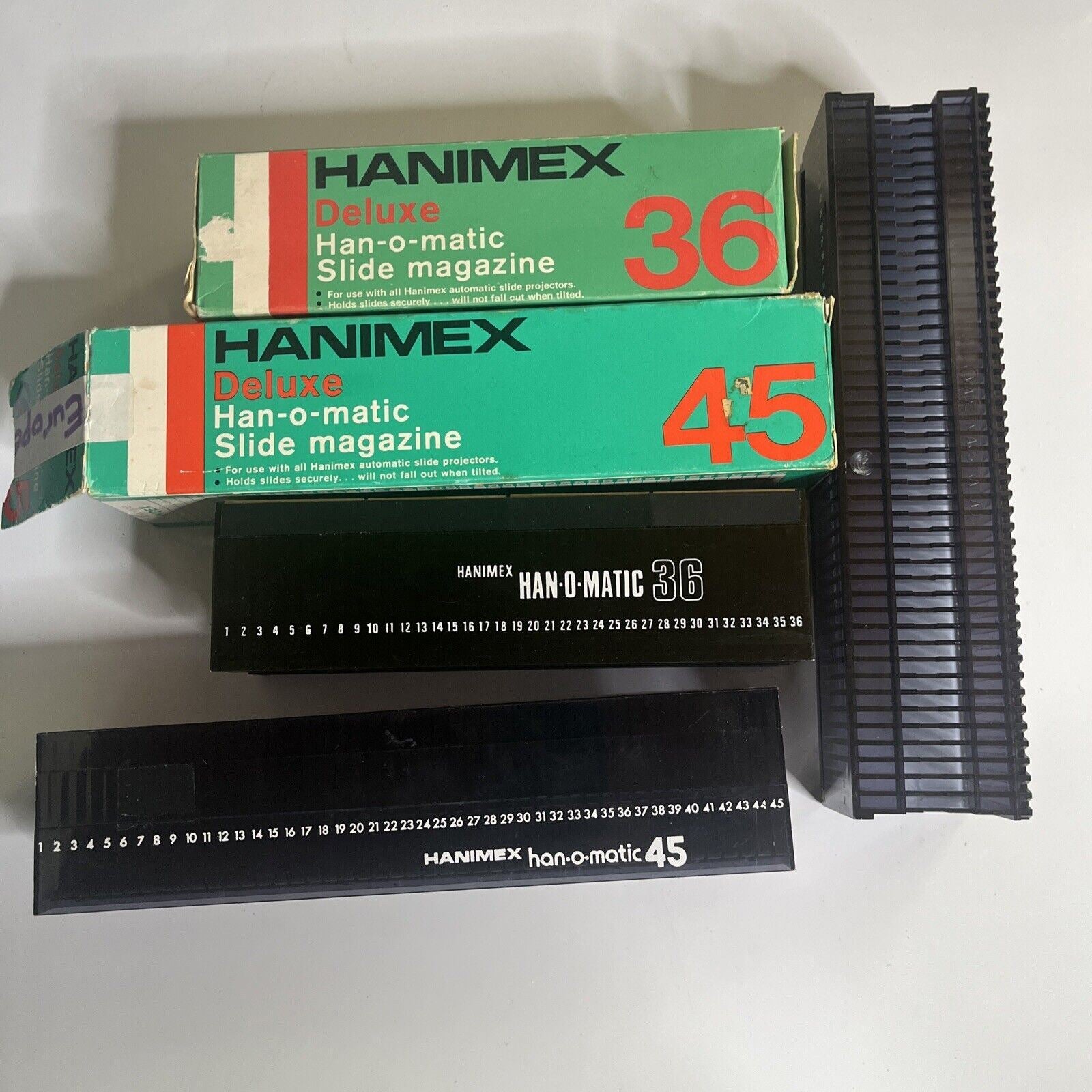 2x Hanimex Deluxe Han-o-matic Slide Magazine 45 & 1x 36 Slide Magazine ...