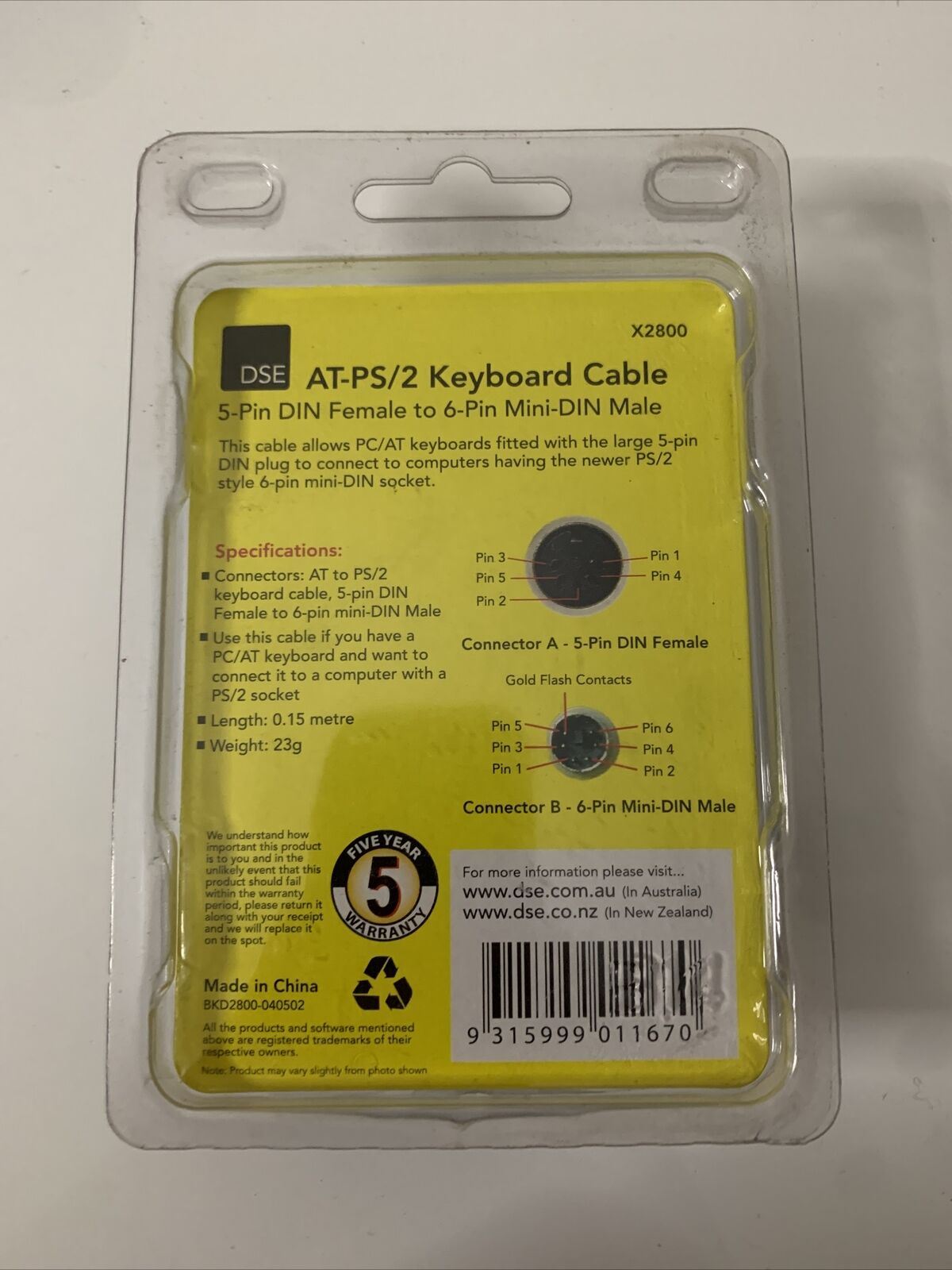 Dick Smith AT-PS/2 Keyboard Cable 5-DIN Female to 6-Pin mini-DIN Male ...