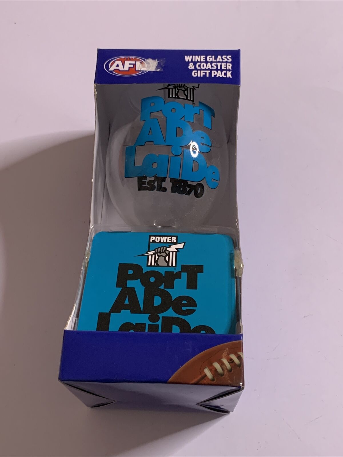 Port Adelaide Power Afl Wine Glass And Coaster Set New Retro Unit